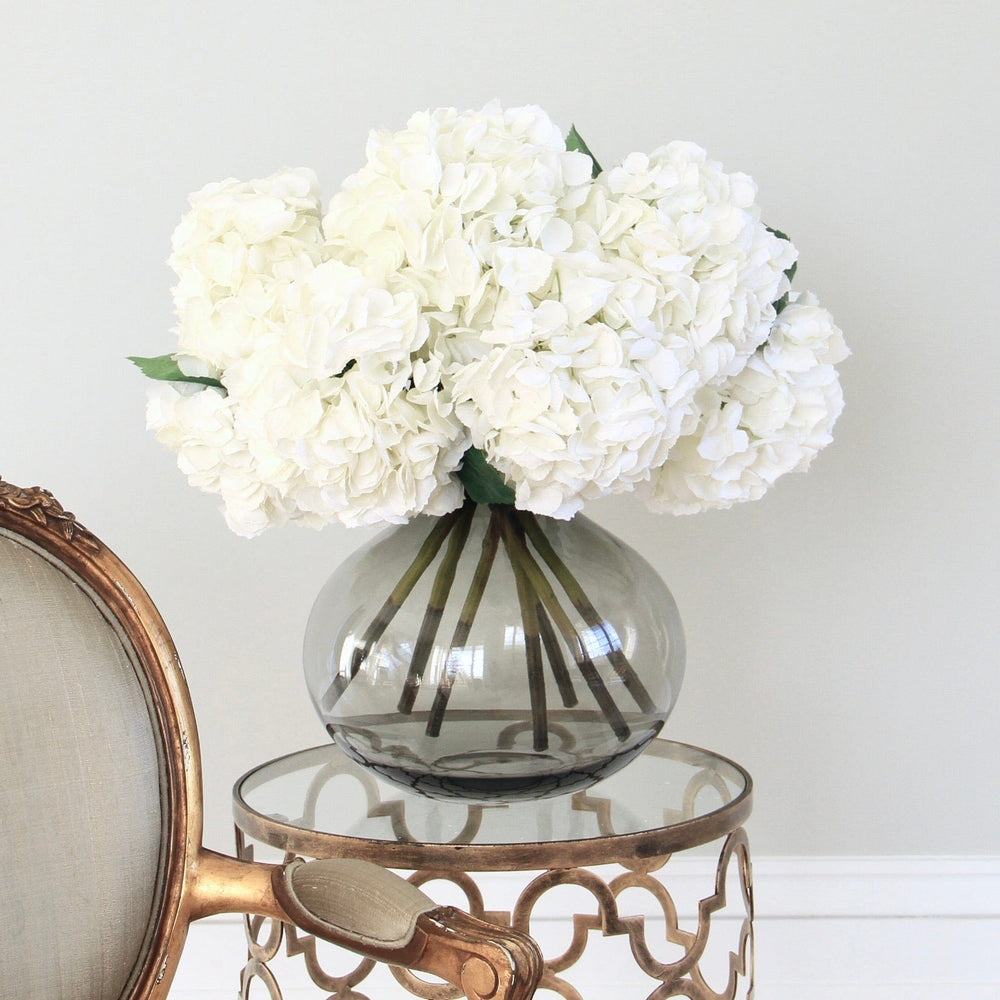 Artificial White Hydrangea & Smoky Grey Bulb Vase Set
