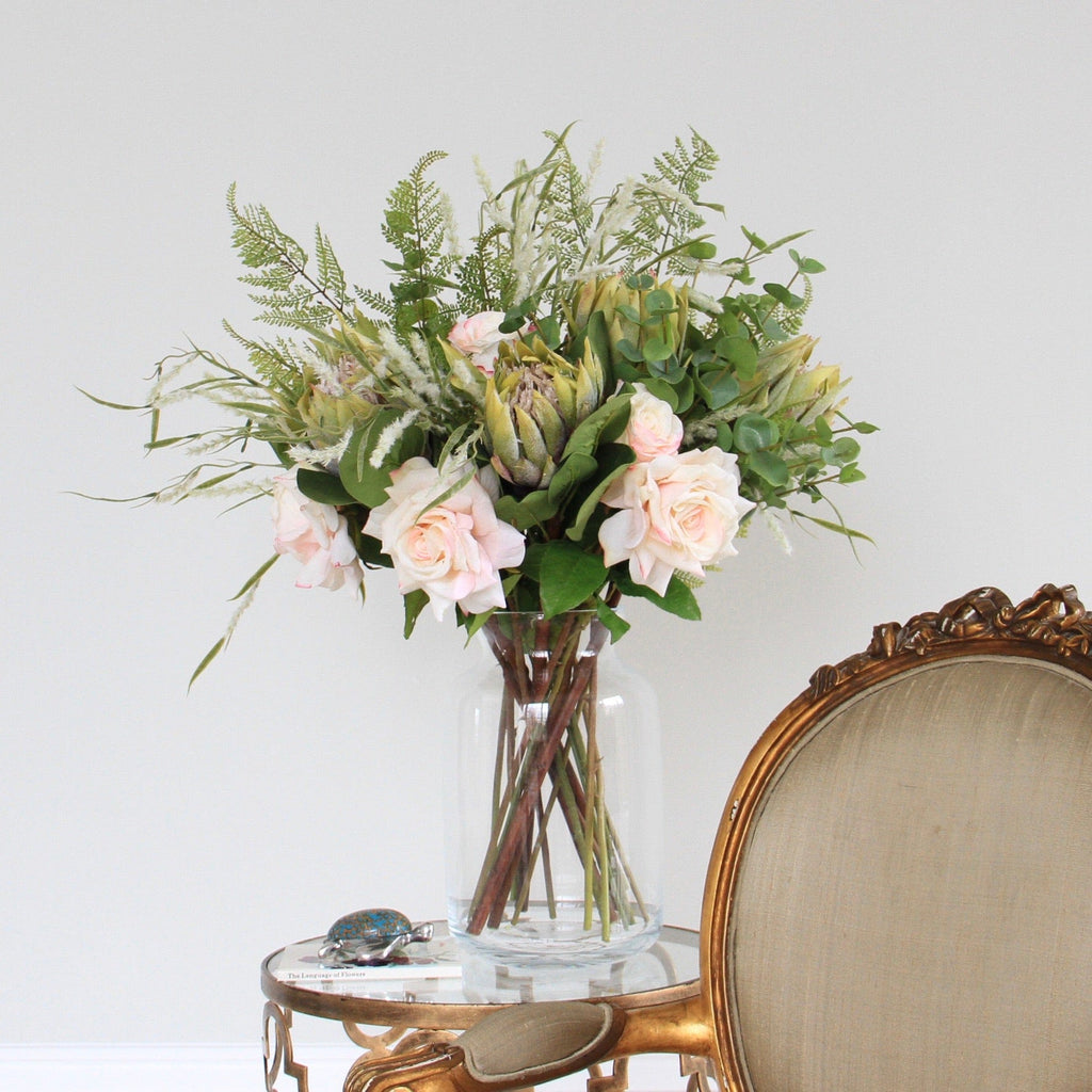 Pink Rose & Green Protea Artificial Flower Arrangement