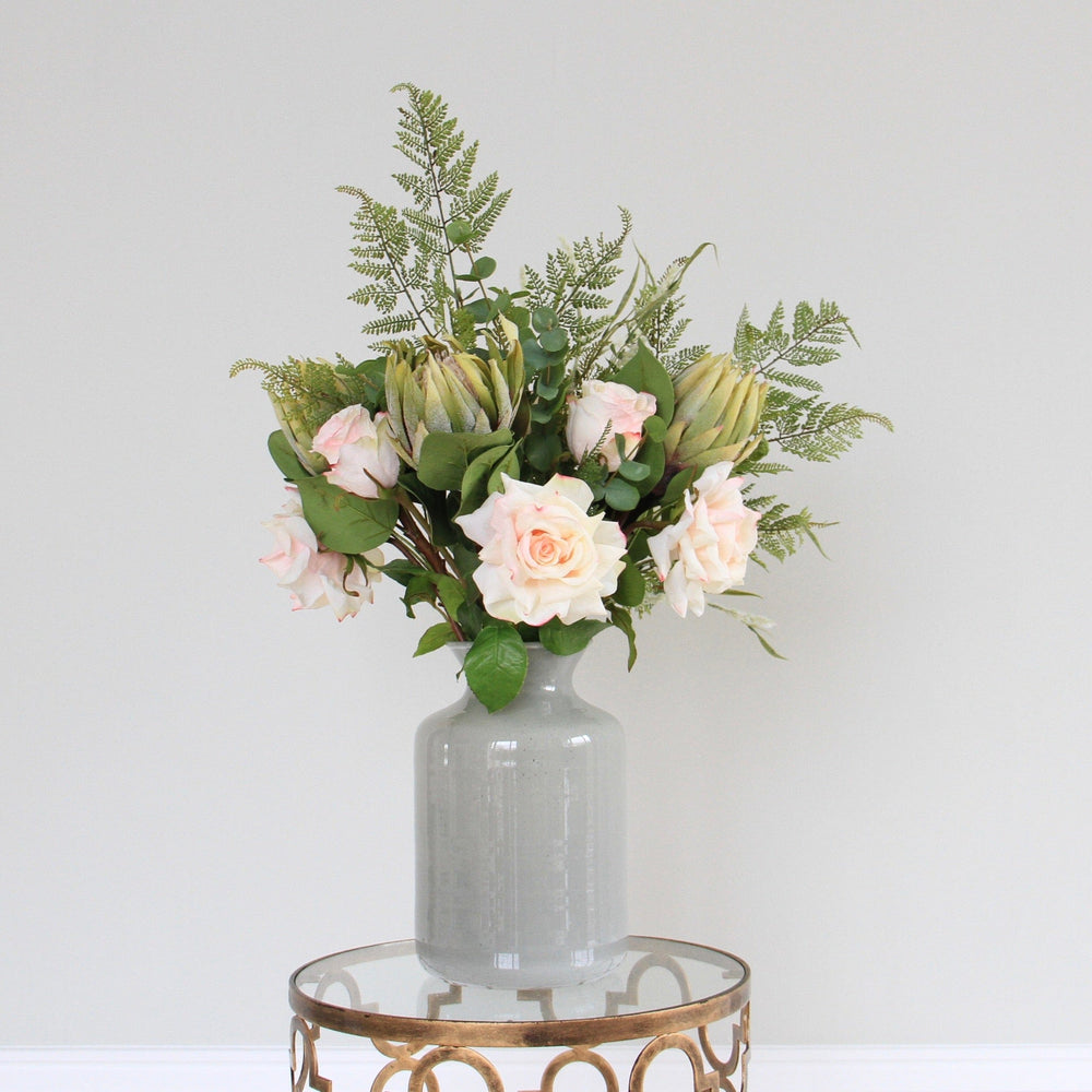 Pink Rose & Green Protea Artificial Flower Arrangement
